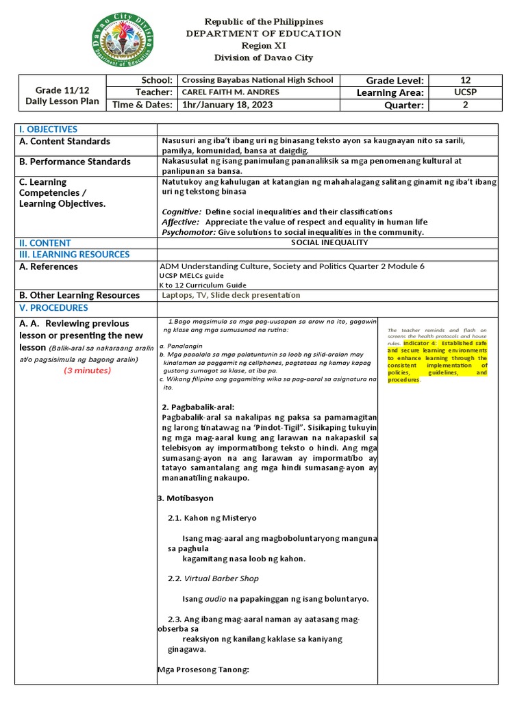 I. Objectives: A. Content Standards B. Performance Standards C. Learning Competencies / Learning ...