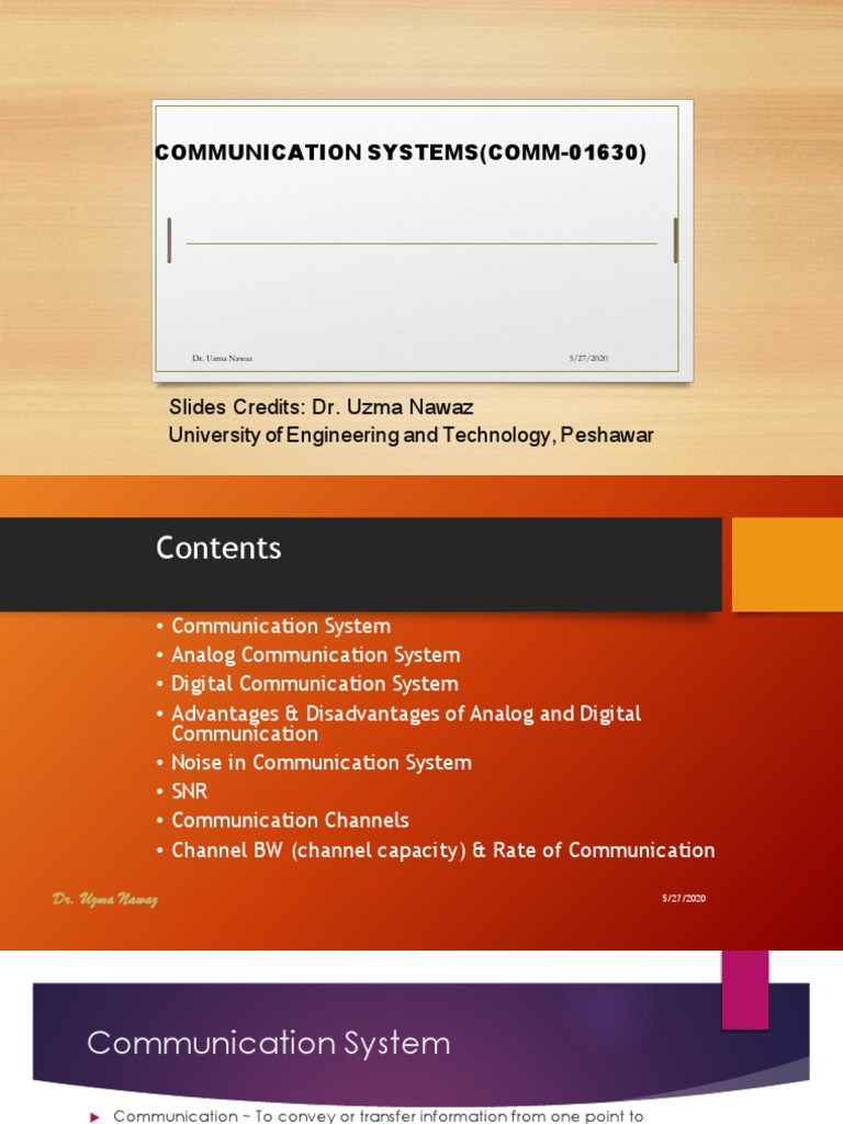 Communication Systems (Comm-01630) : Slides Credits: Dr. Uzma Nawaz University of Engineering ...
