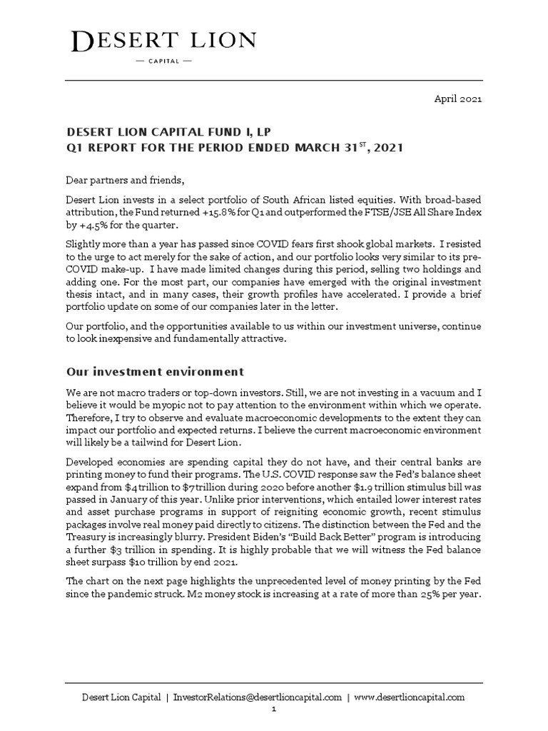 2021 Q1 Investor Letter Desert Lion Capital Non LPs | PDF | Stock ...
