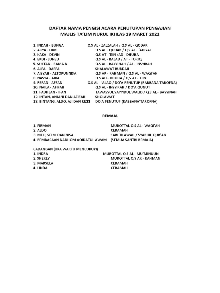 Daftar Nama Pengisi Acara Penutupan Pengajian | PDF