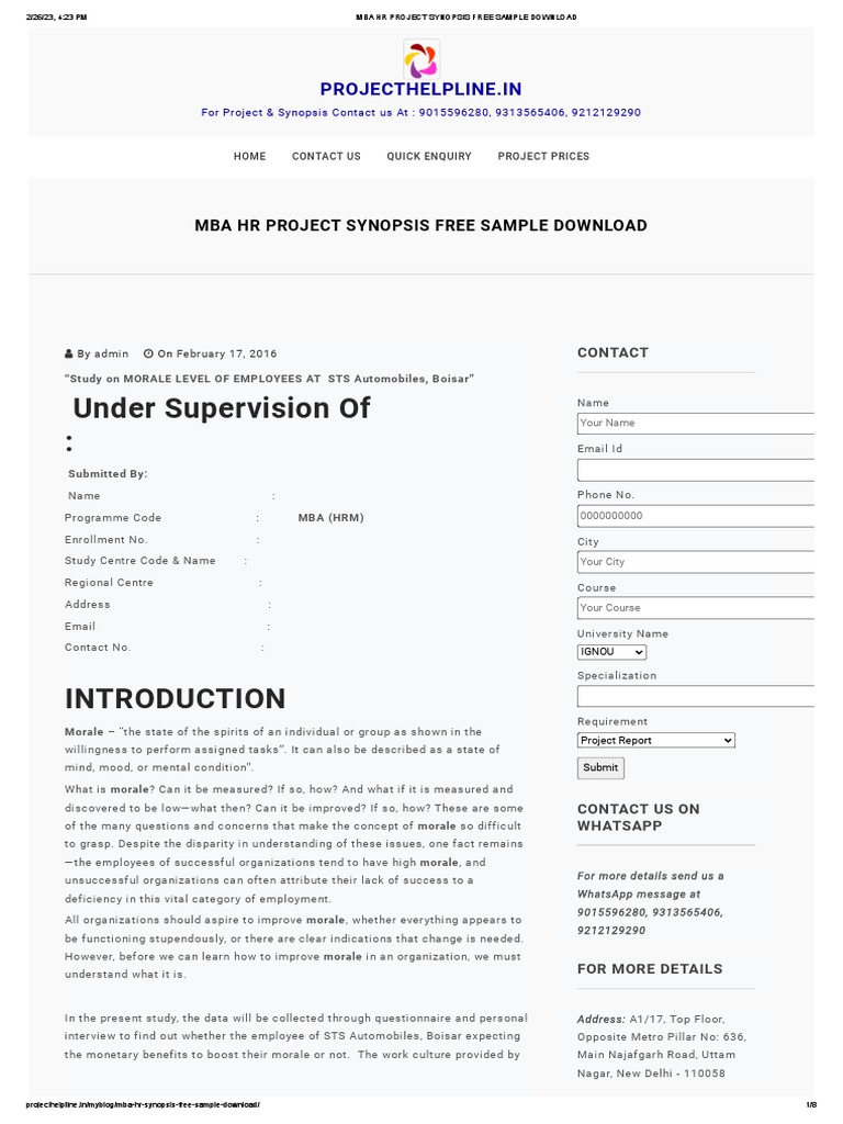 Mba HR Project Synopsis Free Sample Download | PDF | Employment | Job Satisfaction
