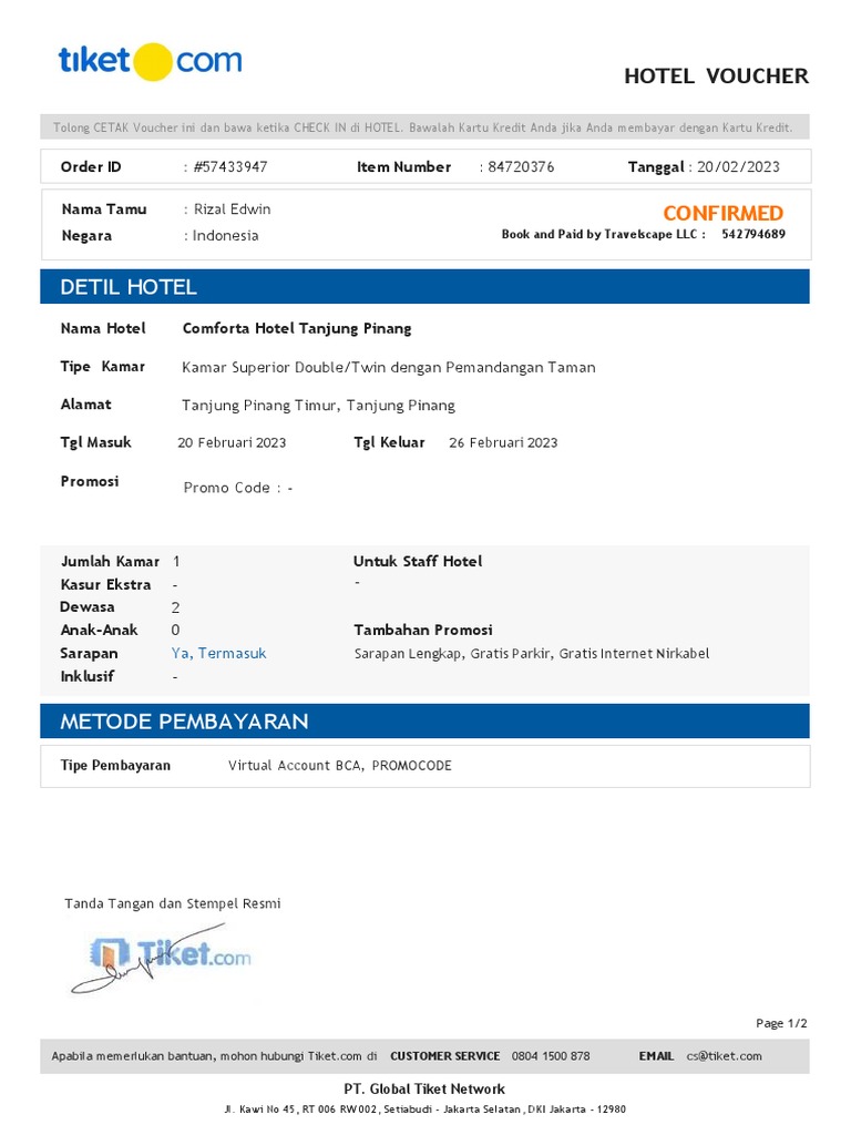 Tiket Order 84720376 Hotel PDF | PDF