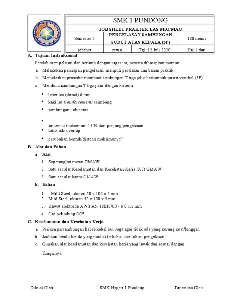 SMK 1 Pundong: Job Sheet Praktek Las Mig/Mag Pengelasan Sambungan Sudut Atas Kepala (3F) | PDF