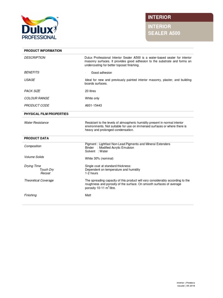 Dulux Professional Interior Sealer A500 | PDF | Paint | Materials