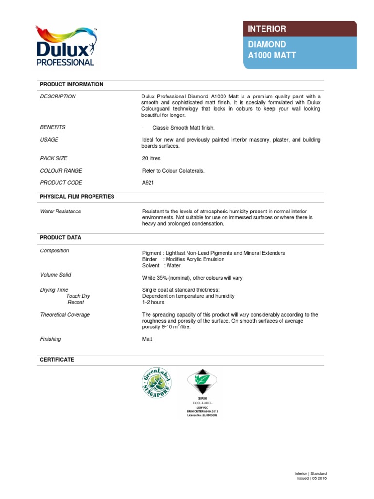 Dulux Professional Diamond A1000 Matt | PDF | Paint | Chemistry Dulux Professional Diamond A1000 Matt | PDF | Paint | Chemistry