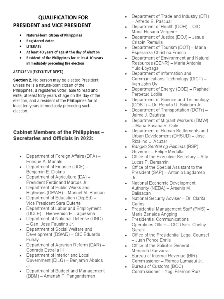 Qualifications for Philippine President | PDF | Presidents Of The ...