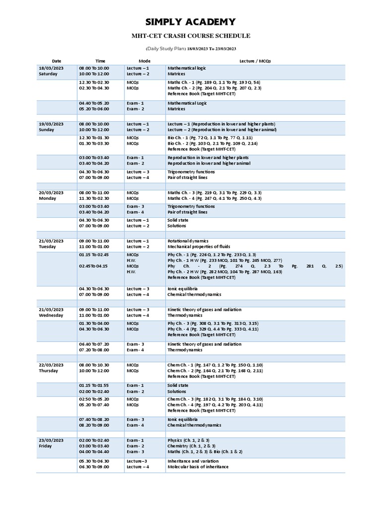 Simply Academy: Mht-Cet Crash Course Schedule | PDF