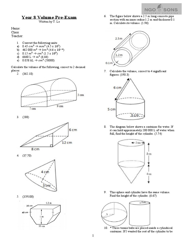 Year 8 Volume Pre Exam | PDF | Volume | Euclidean Geometry