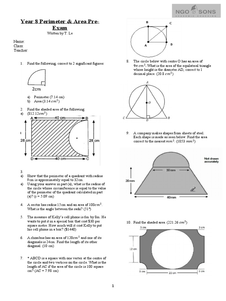 Year 8 Area and Perimeter Exam Prep | PDF | Area | Circle