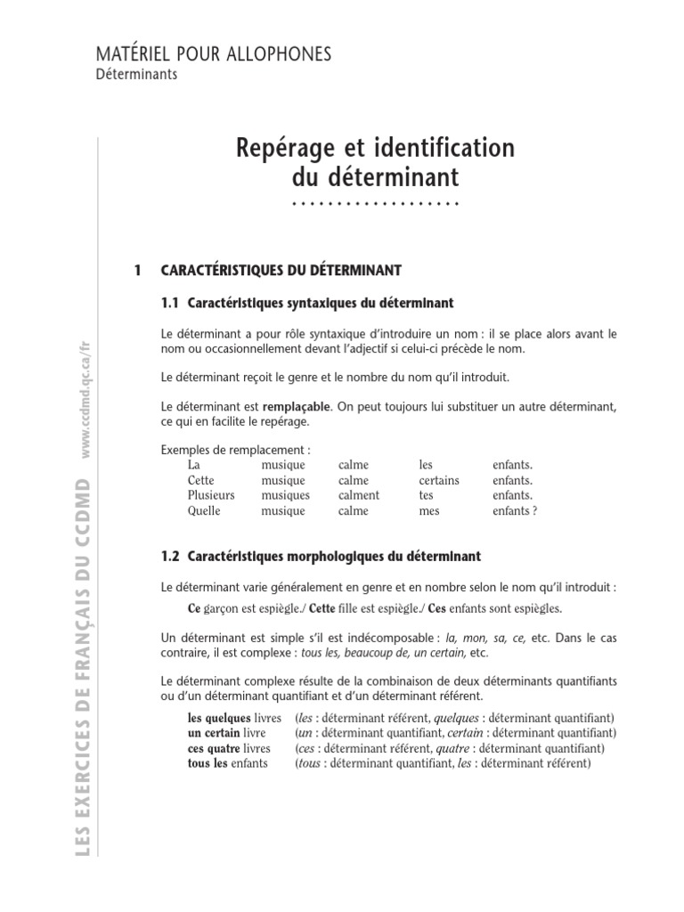 Exercices sur les déterminants en français | PDF | Adposition ...