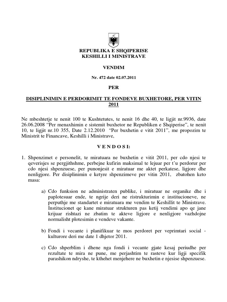 VKM Nr.472, Datë 02.07.2011 - Për Disiplinimin e Përdorimit Të Fondeve ...