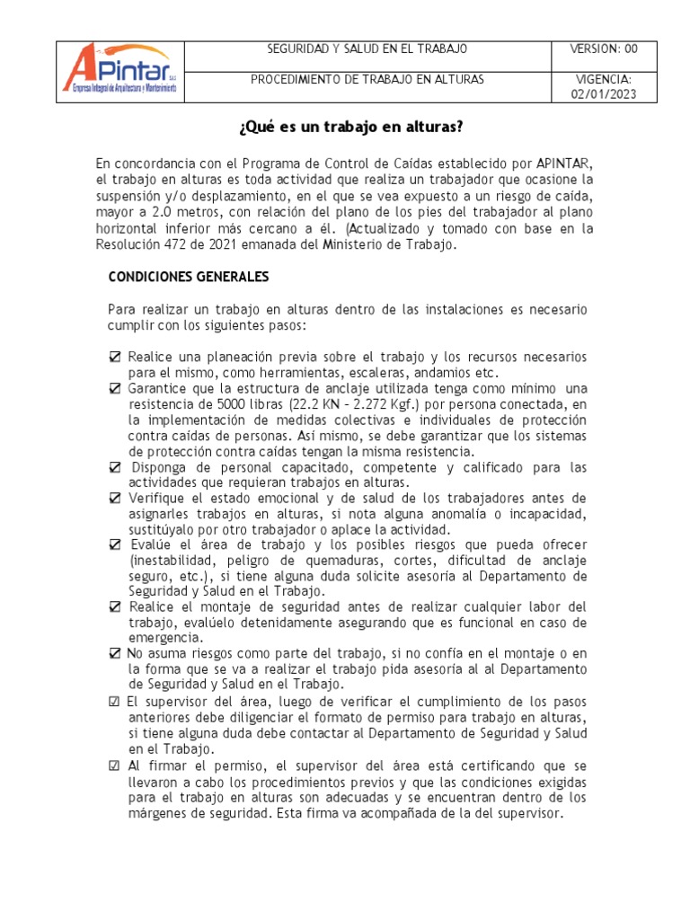 Procedimiento de Trabajo en Alturas | PDF