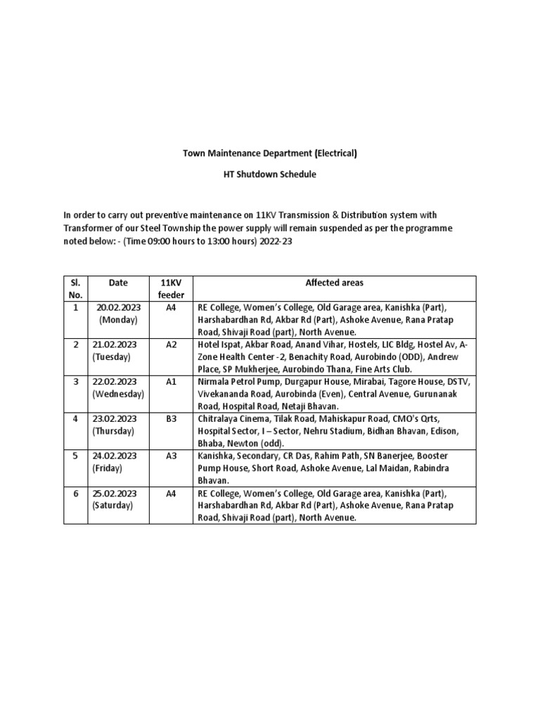 HT Shutdown Schedule | PDF