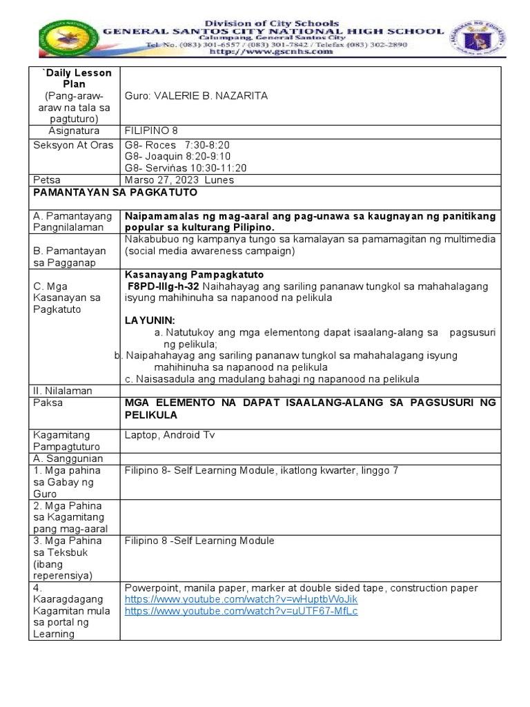 Pagsusuri NG Pelikula - Lesson Plan | PDF Pagsusuri NG Pelikula - Lesson Plan | PDF