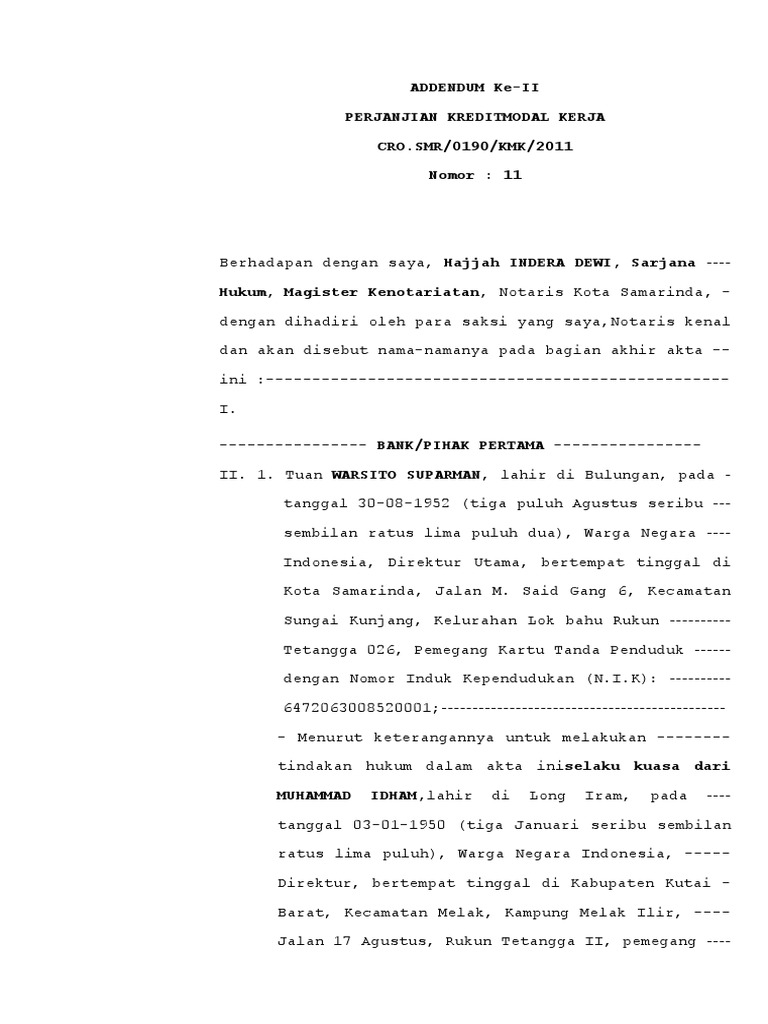 Addendum Ke-Ii Perjanjian Kreditmodal Kerja CRO - SMR/0190/KMK/2011 Nomor: 11 | PDF ...