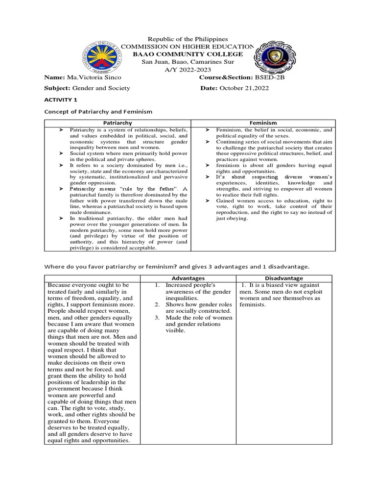 Activity 1 GE11 (Lesson2) | PDF | Patriarchy | Gender Studies
