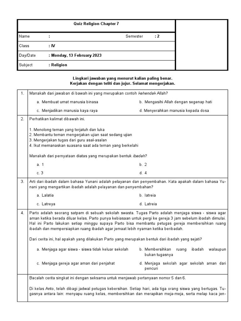 Quiz Kelas 4 Agama | PDF