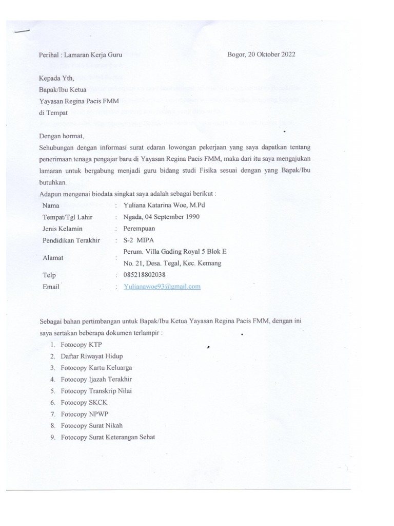 Surat Lamaran Regina Pacis | PDF