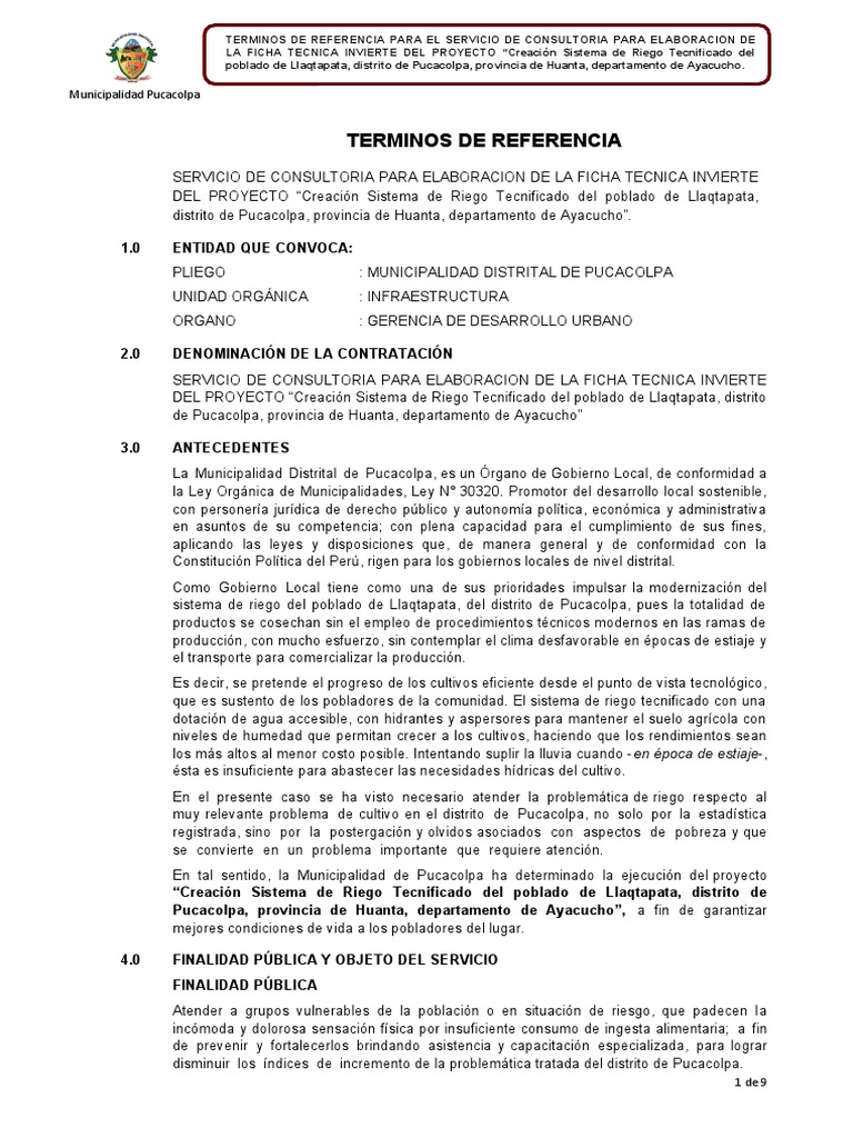 TDR - Ficha Tecn de Riego | PDF | Presupuesto | Gobierno local TDR - Ficha Tecn de Riego | PDF | Presupuesto | Gobierno local