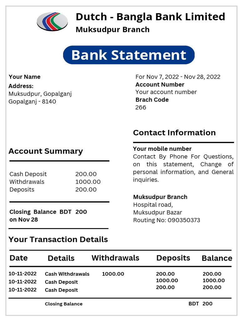 Bank Statement: Dutch - Bangla Bank Limited | PDF