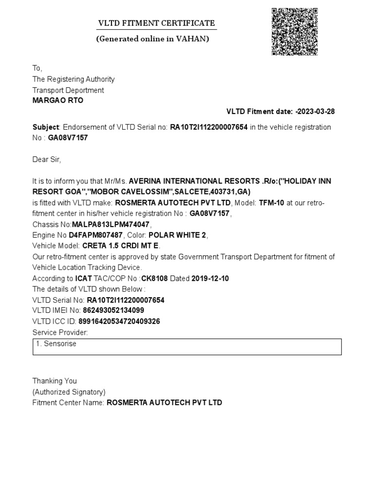 VLTD Fitment Certificate Details | PDF | Finance & Money Management