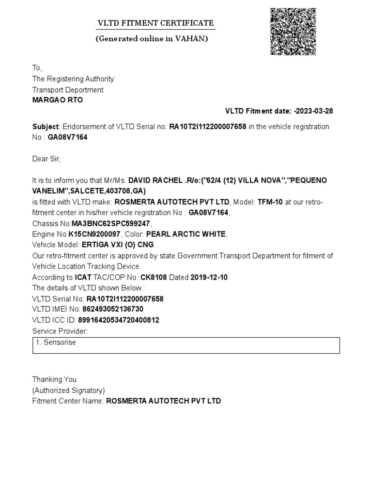 VLTD Fitment Certificate (Generated Online in VAHAN) | PDF