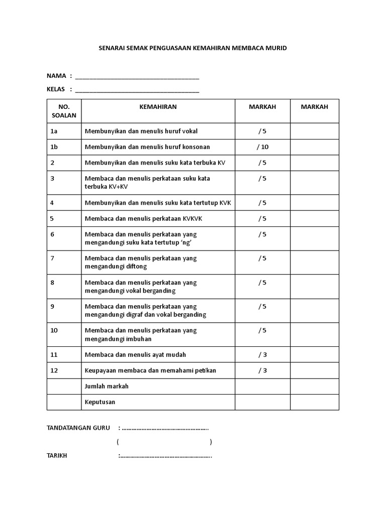 Senarai Semak Penguasaan Kemahiran Membaca Murid | PDF