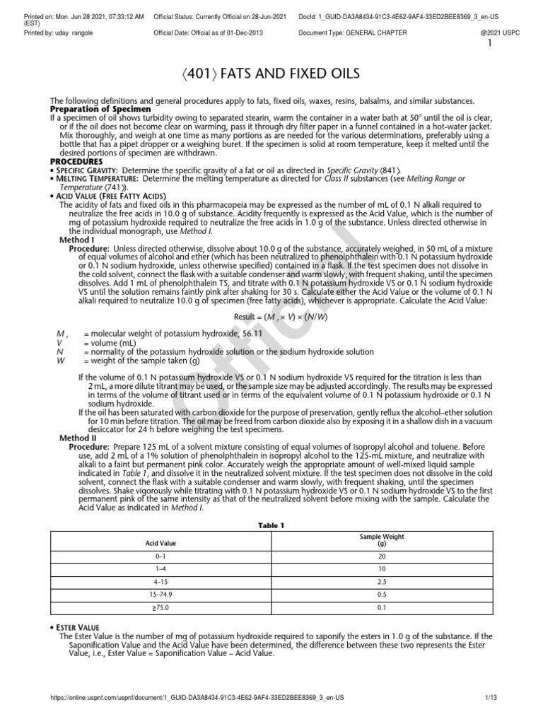 USP 401 Fats and Oils | Download Free PDF | Titration | Chemistry