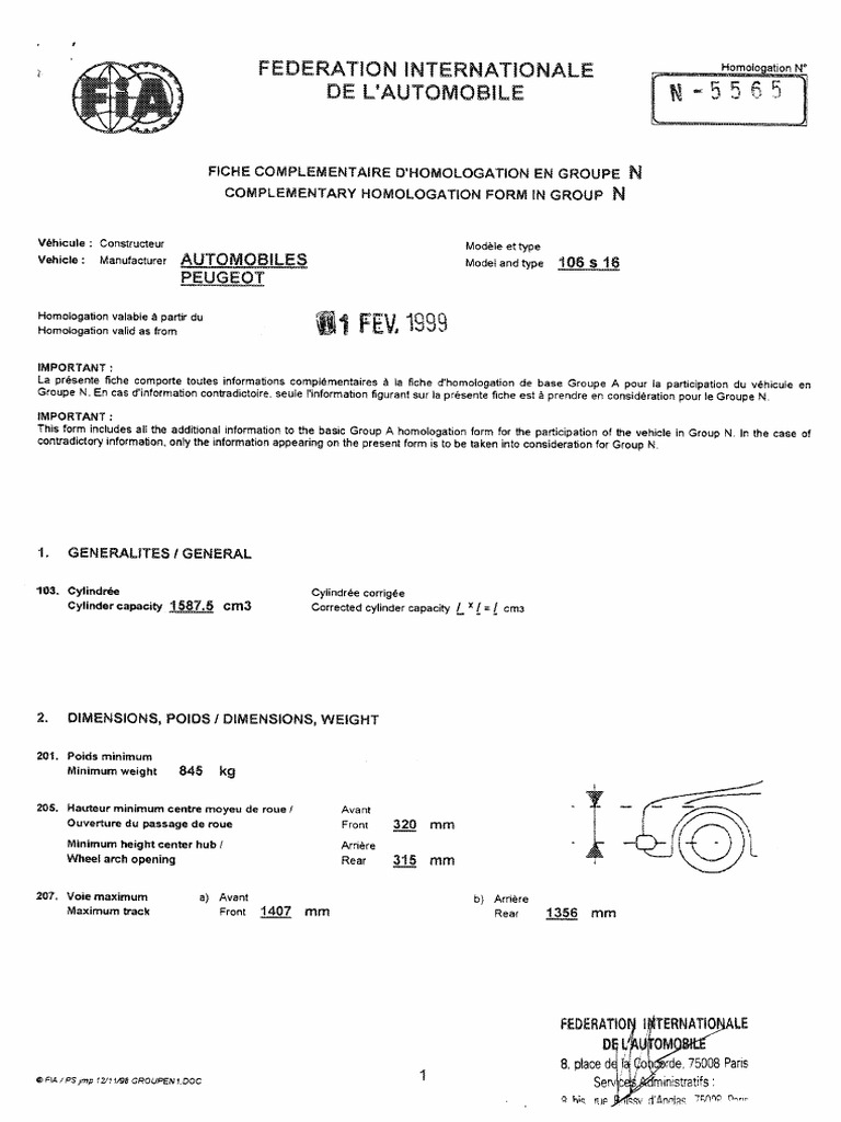 Homologation Form Number 5565 Group N | PDF