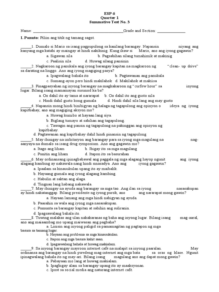 Esp 6 Quarter 1 Summative Test No. 3 | PDF