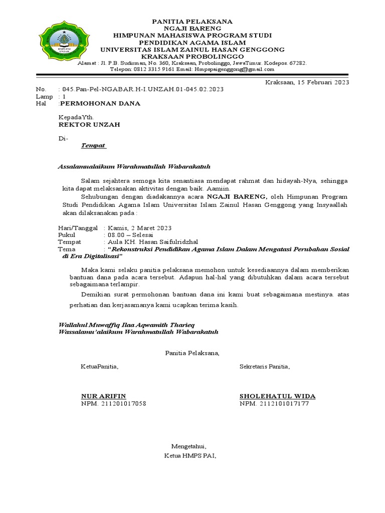 Contoh Surat Permohonan Dana KPD Rektor | PDF