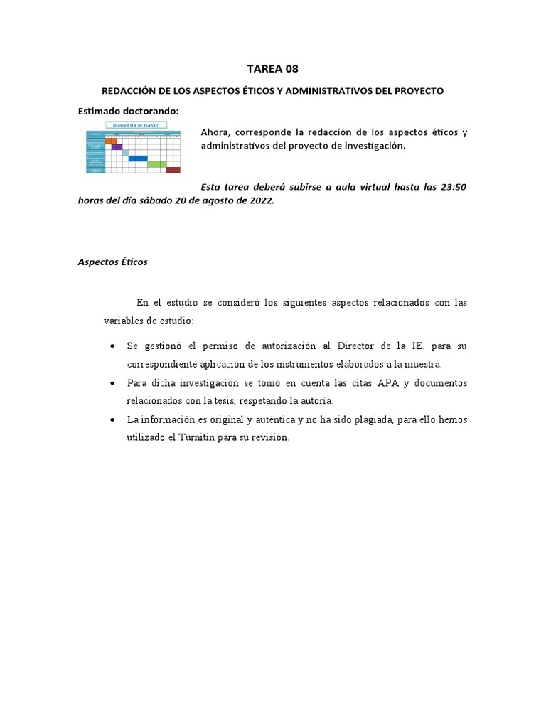 Tarea 08 - Redacción de Los Aspectos Éticos y Administrativos Del Proyecto | PDF