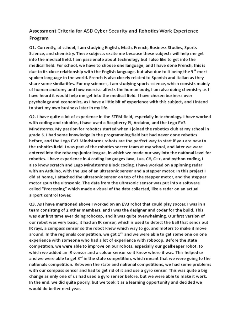 Assessment Criteria For Asd Cyber Security And Robotics Work Experience Program Pdf
