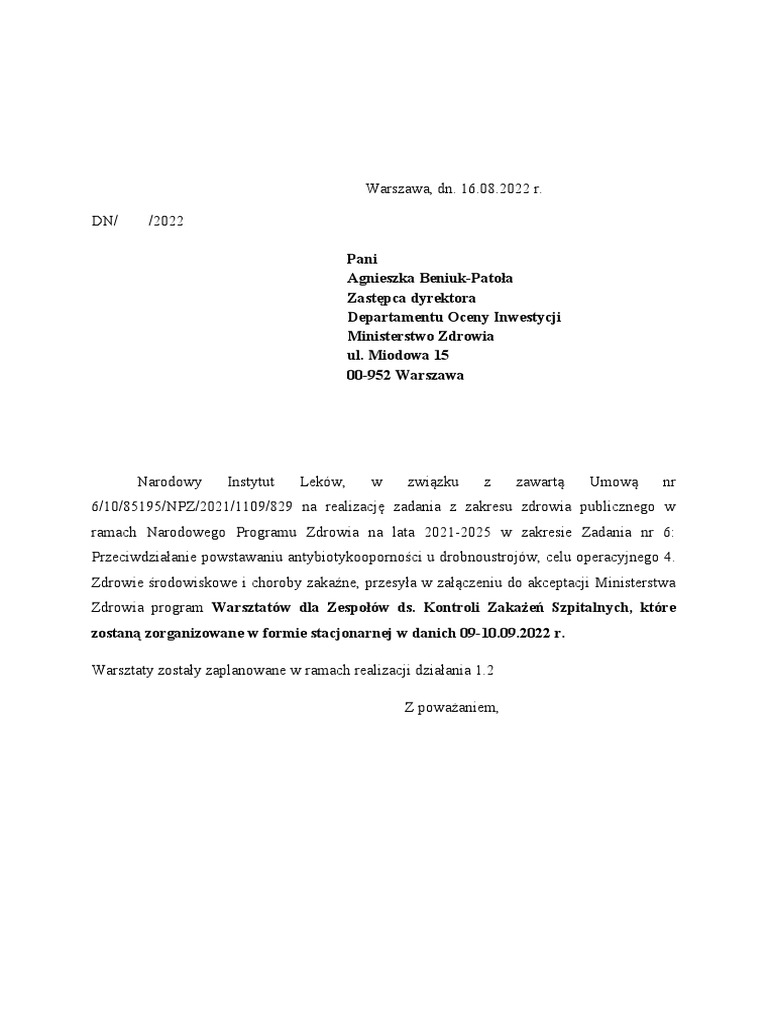 Pismo Przewodnie Sprawozdanie NPZ 14 - 07 - 22 | PDF