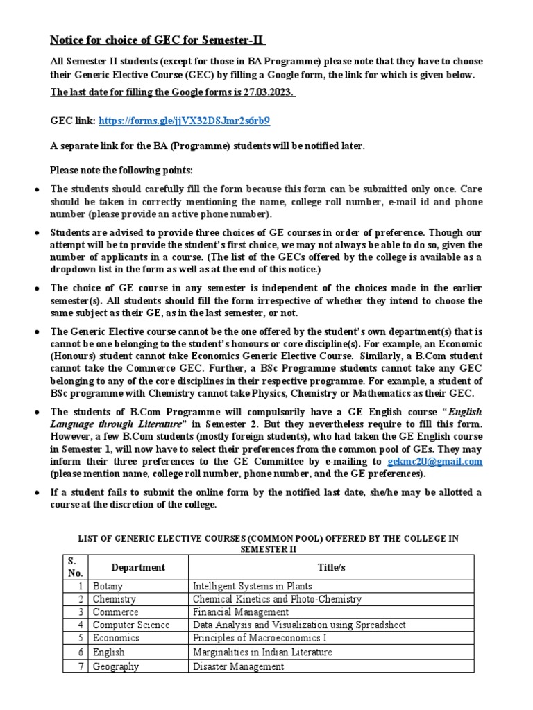 Notice for Semester II Generic Elective Course Selection | PDF | Mathematics | Bachelor Of Science