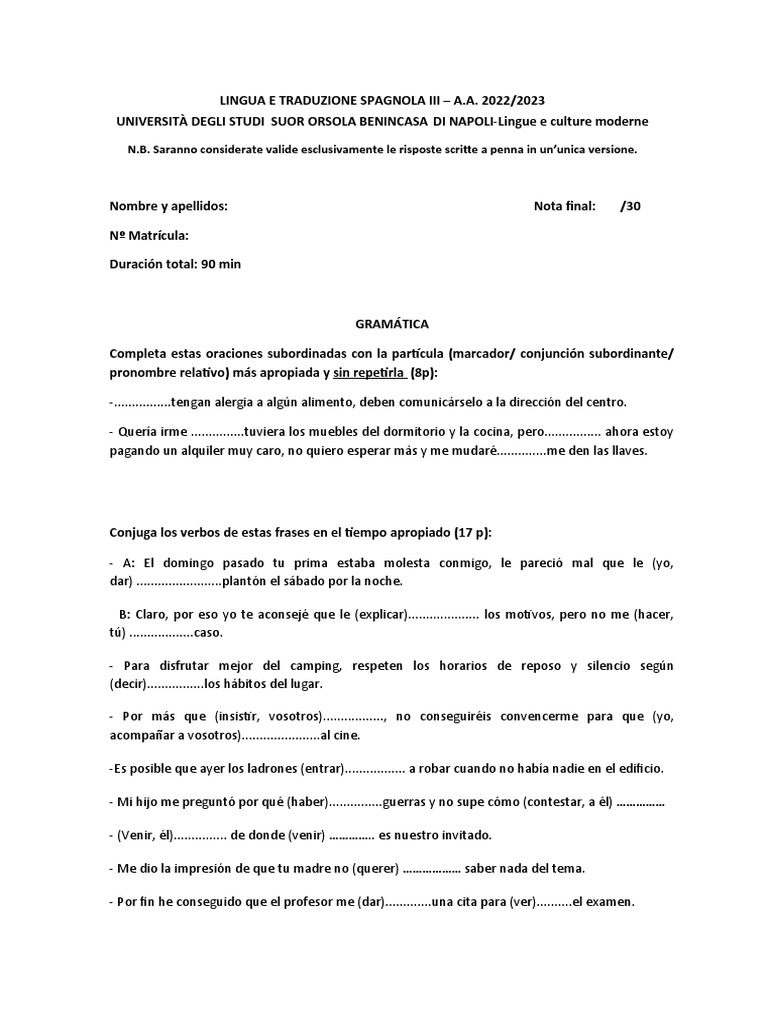 Lingua e traduzione spagnola III - A.A. 2022/2023: Examen final de ...