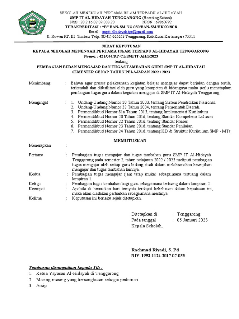 SK Pembagian Tugas Guru Kolektif 2022 2023 | PDF