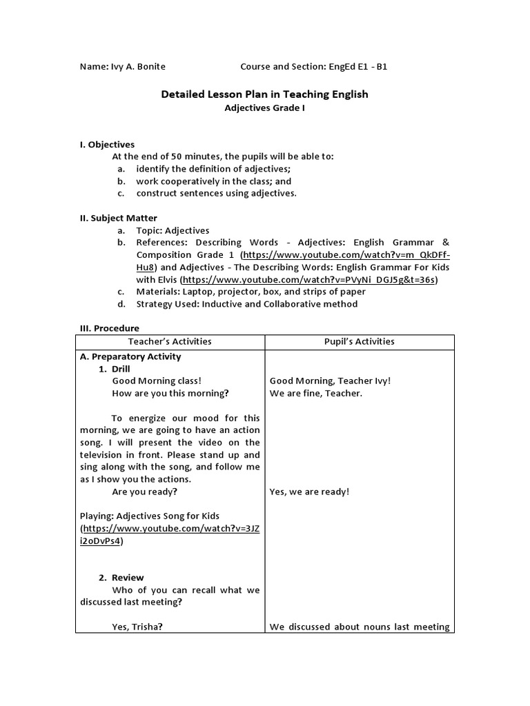 Grade 1 Adjective Lesson Plan | PDF | Adjective | Noun