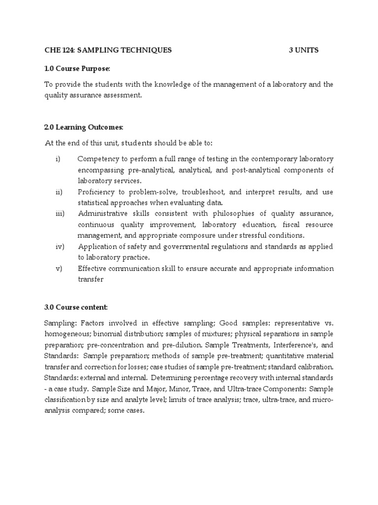 CHE 124 Course Outline | PDF | Sampling (Statistics) | Analytical Chemistry