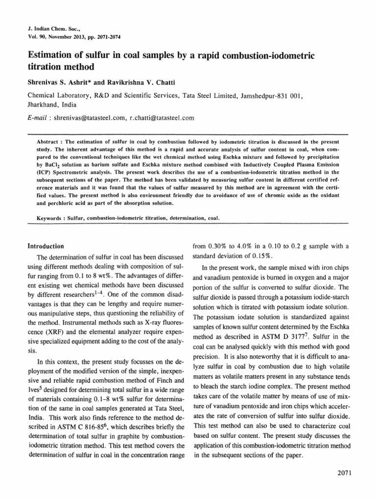 Estimation of Sulfur in Coal Samples by Rapid Combustion-Iodometric ...