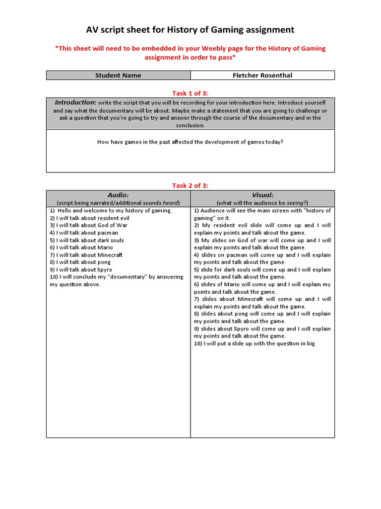 av script sheet for history of gaming assignment | PDF | Gaming | Video ...