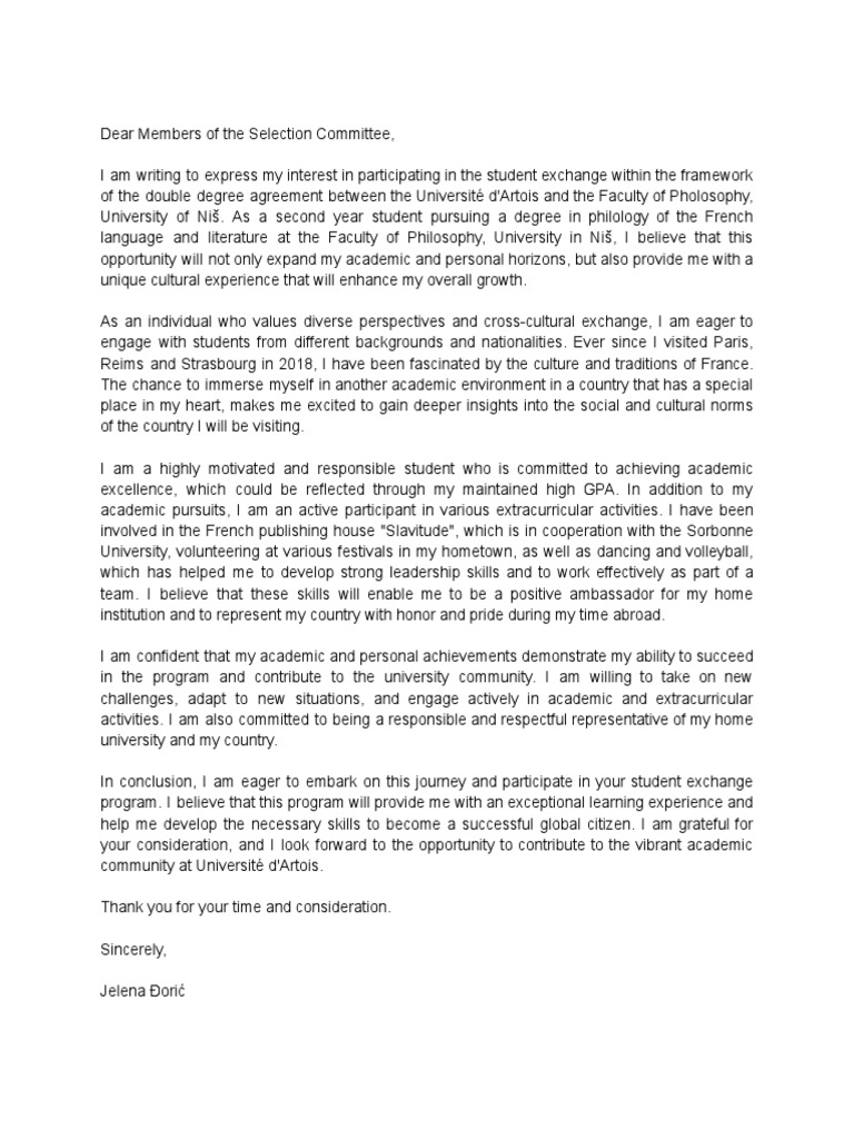 Jelena Đorić Motivational Letter | PDF | Cognition | Behavior Modification