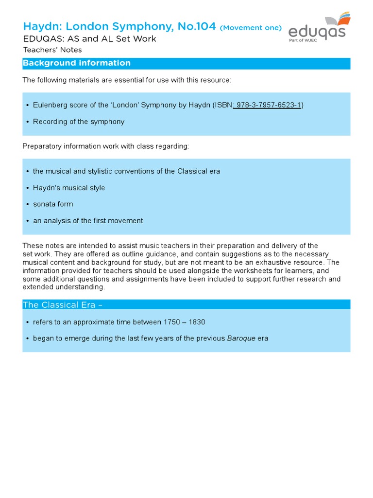 Haydn's London Symphony No.104: Teacher's Guide | PDF | Classical Period (Music) | Orchestras