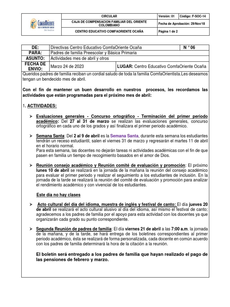 Actividades Programadas para Abril | PDF