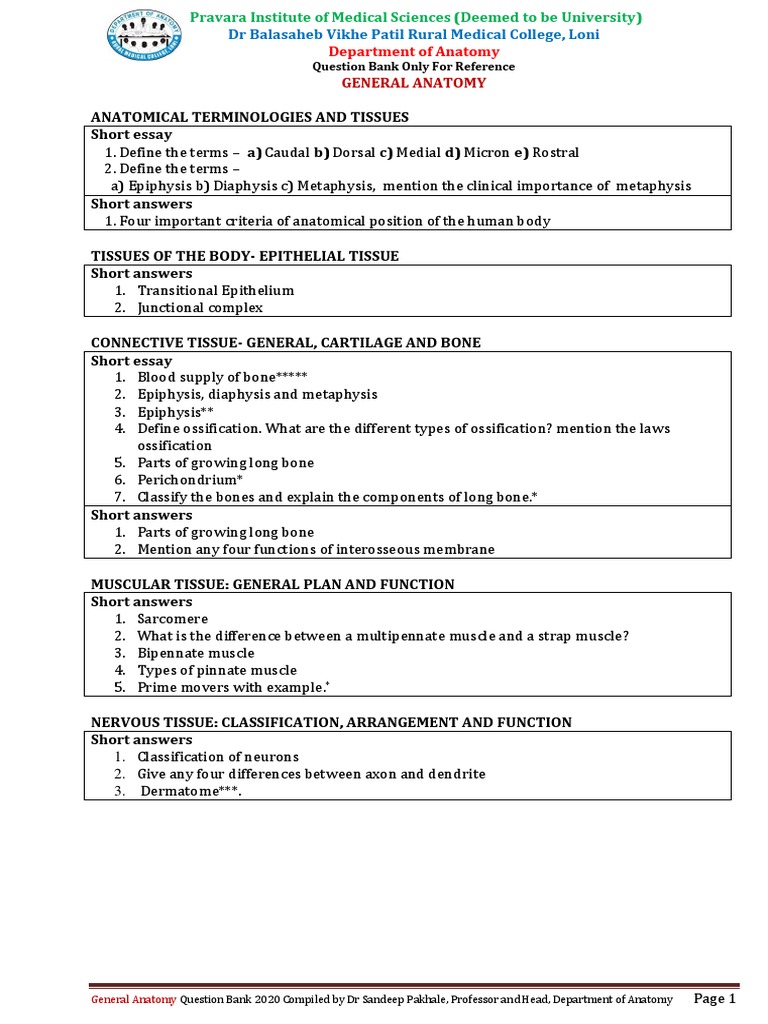 General Anatomy Question Bank 2020 | PDF | Bone | Joint