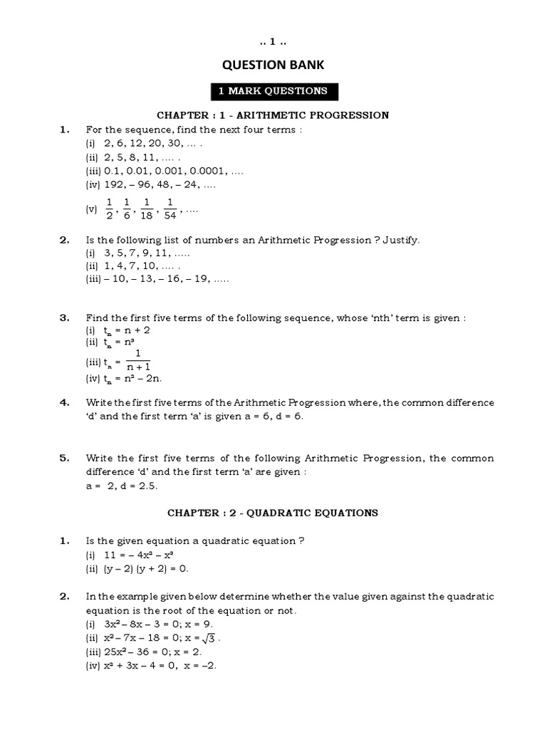 Algebra Question Bank Test I | PDF | Elementary Mathematics | Mathematics