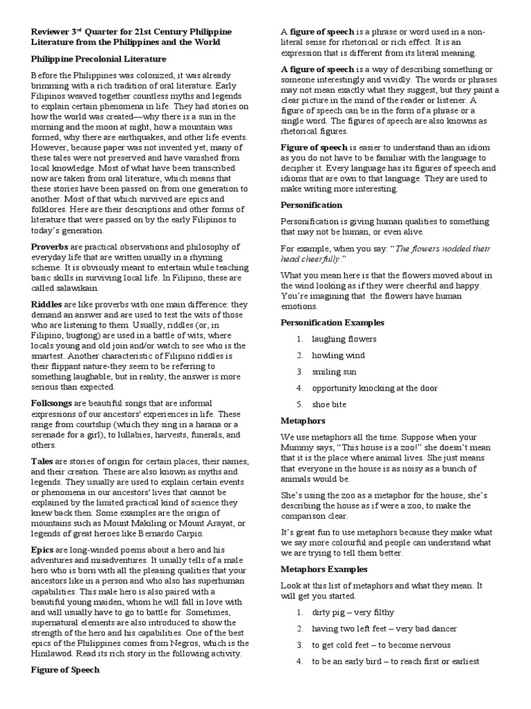 Reviewer 3rd Quarter For 21st Century Philippine Literature From The Philippines and The World ...