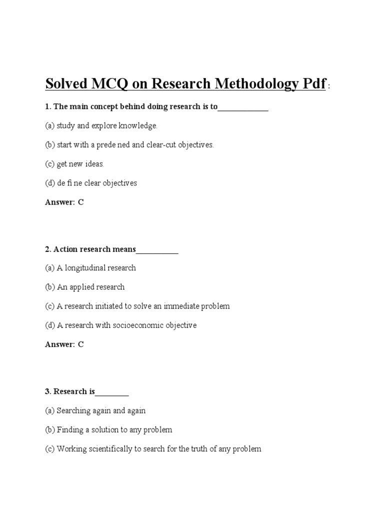 Solved MCQs on Research Methodology | PDF | Hypothesis | Methodology