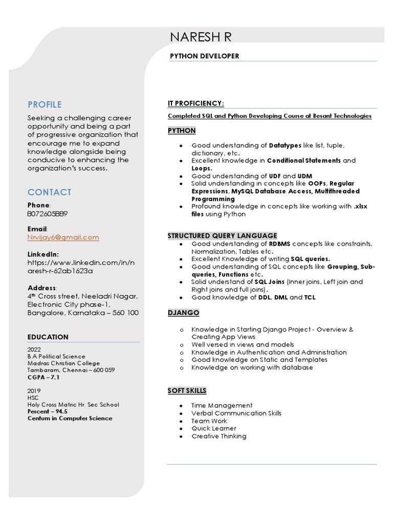 Naresh - Python Developer - Fresher | PDF | Sql | Websites