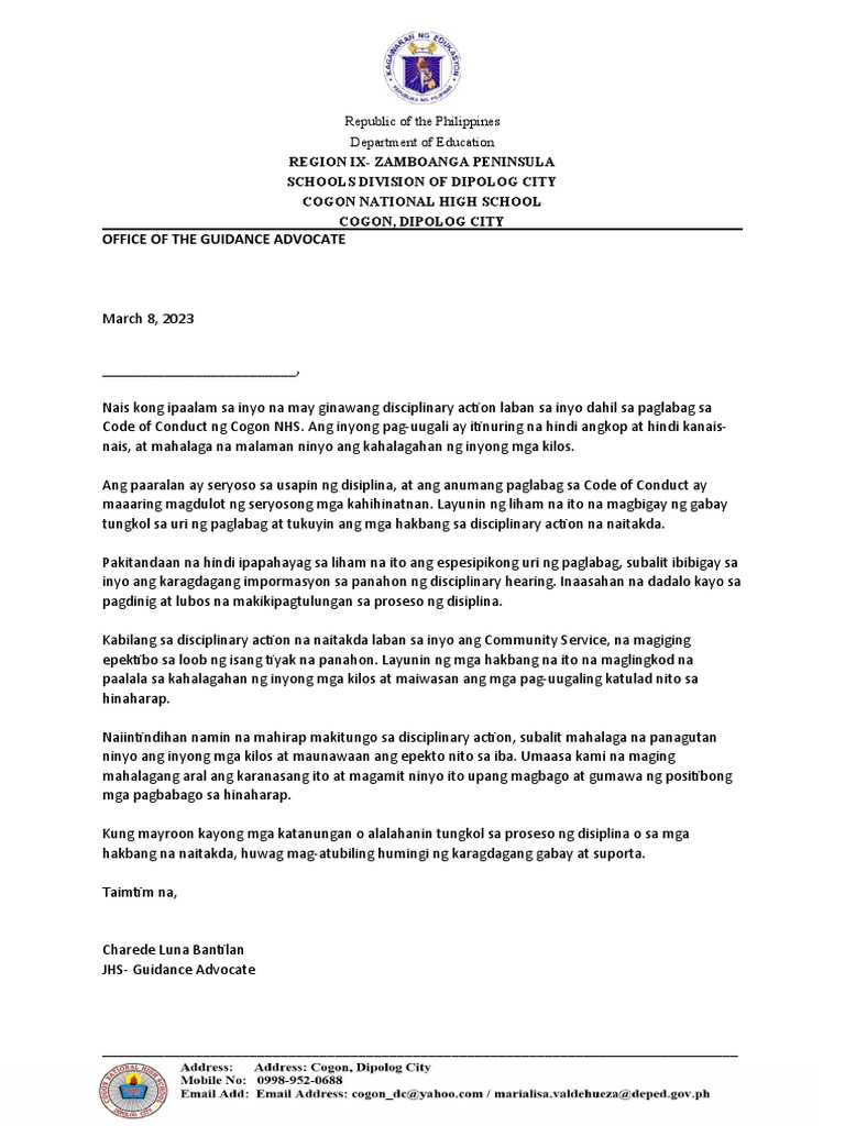 Disciplinary Action - Letter (TAGALOG) | PDF